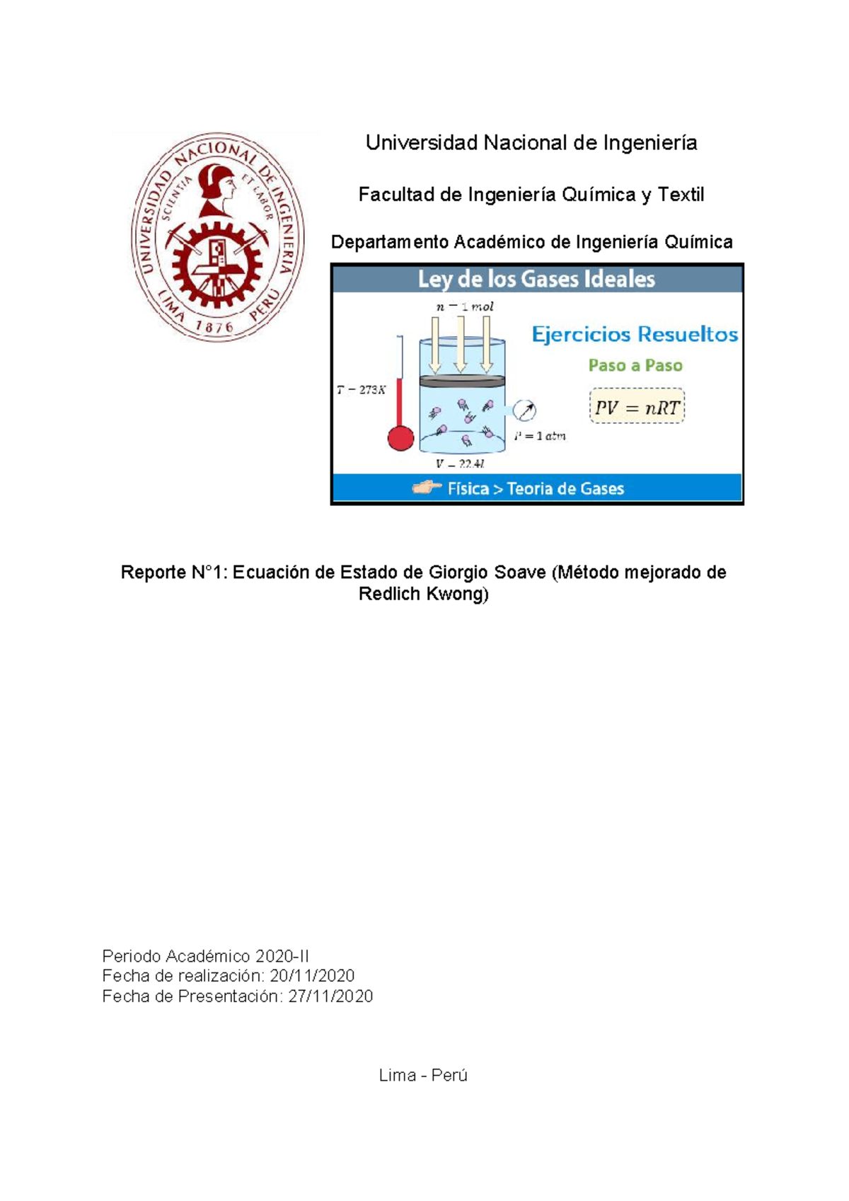Ecuacion de estado de Giorgio Soave (Redlich Kwong) - Reporte N°1 ...