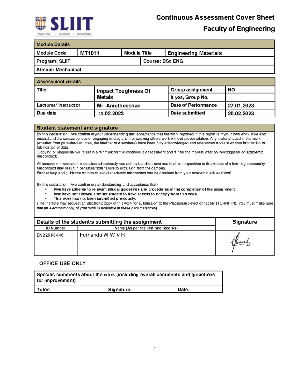 Impact toughness - lab report - Continuous Assessment Cover Sheet ...