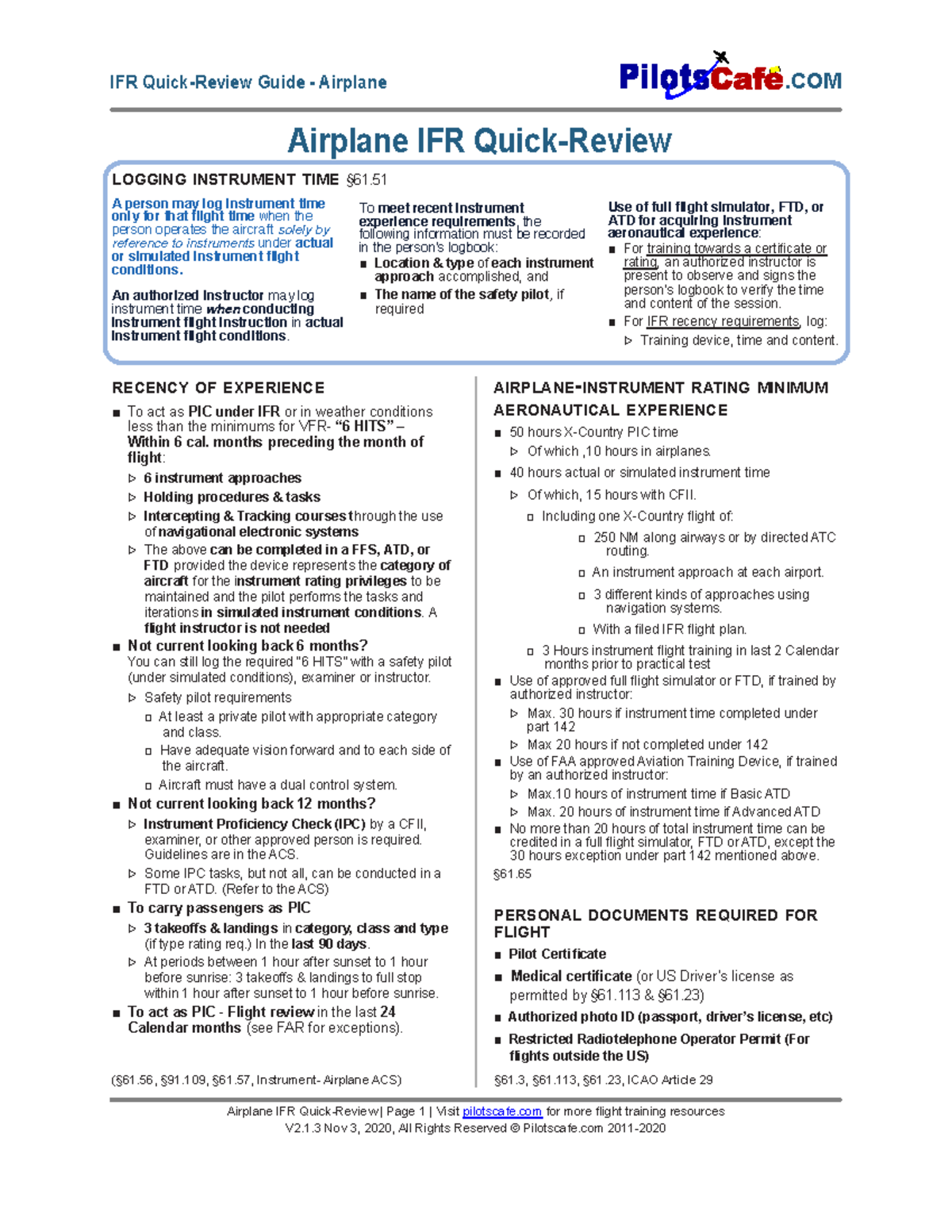 Pilots+Cafe - IFR - AIRPLANE-INSTRUMENT RATING MINIMUM AERONAUTICAL EXPERIENCE 50 hours X ...