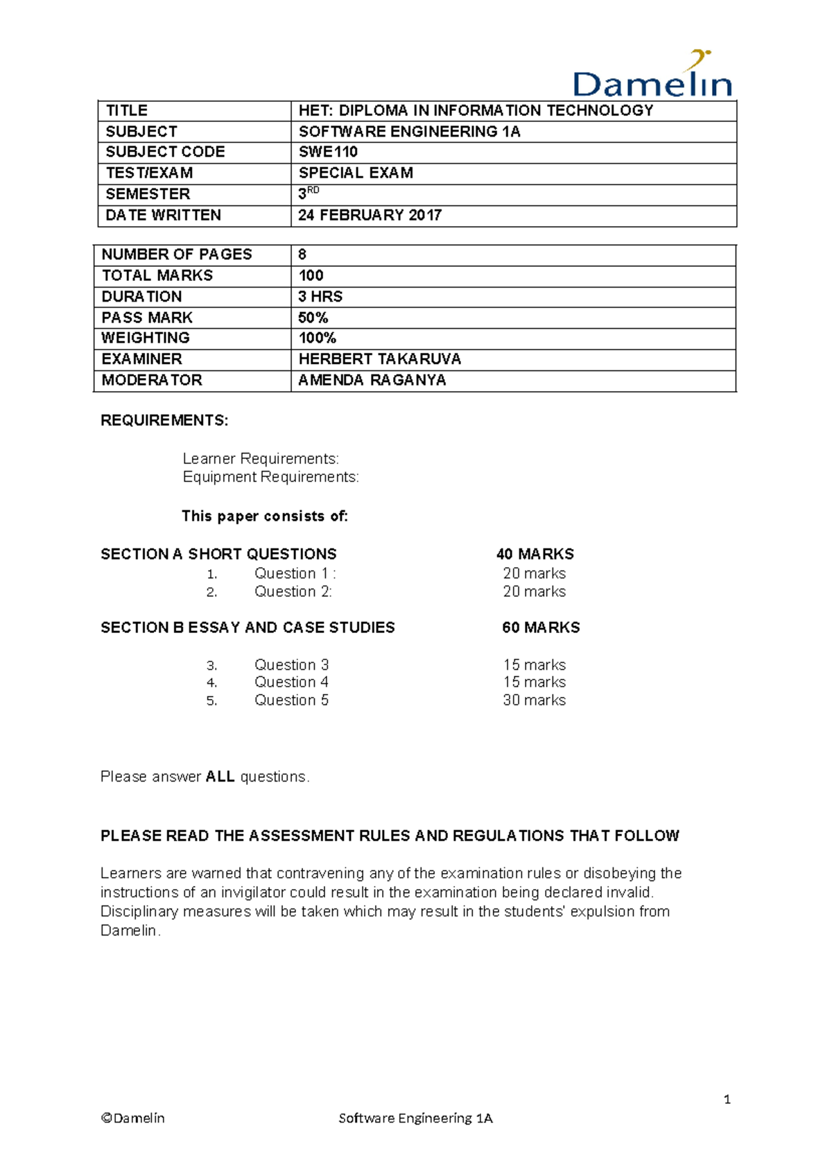 Software Engineering 1A Special Exam - TITLE HET: DIPLOMA IN ...