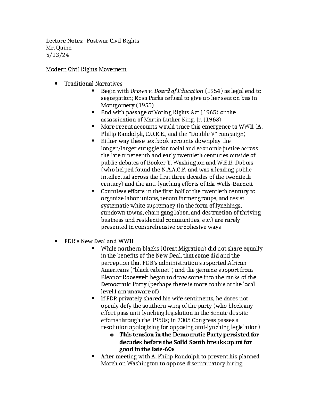 Notes on Civil Rights - N/a - Lecture Notes: Postwar Civil Rights Mr ...