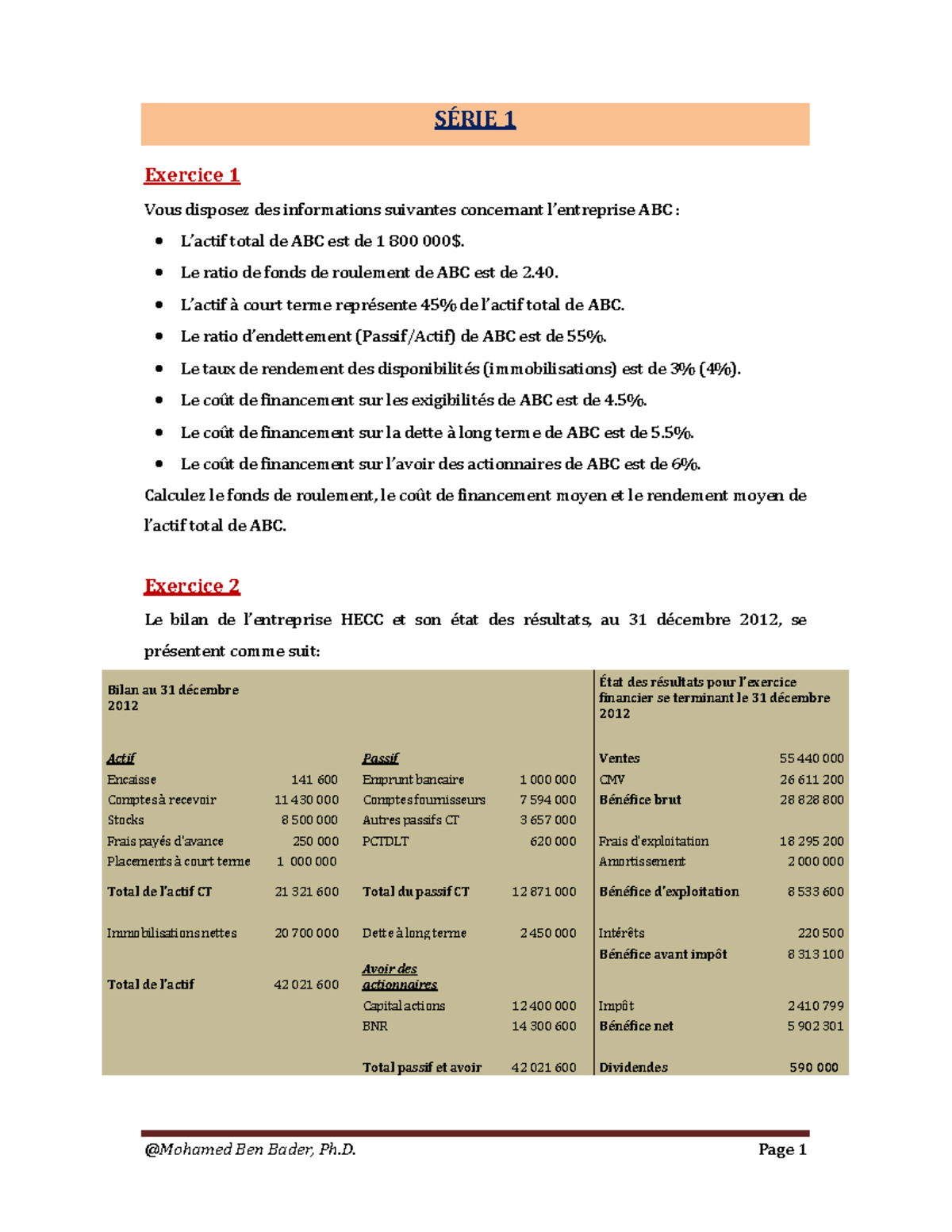 Microsoft Word - Série d'exercices 1 - SÉRIE 1 Exercice 1 Vous disposez ...