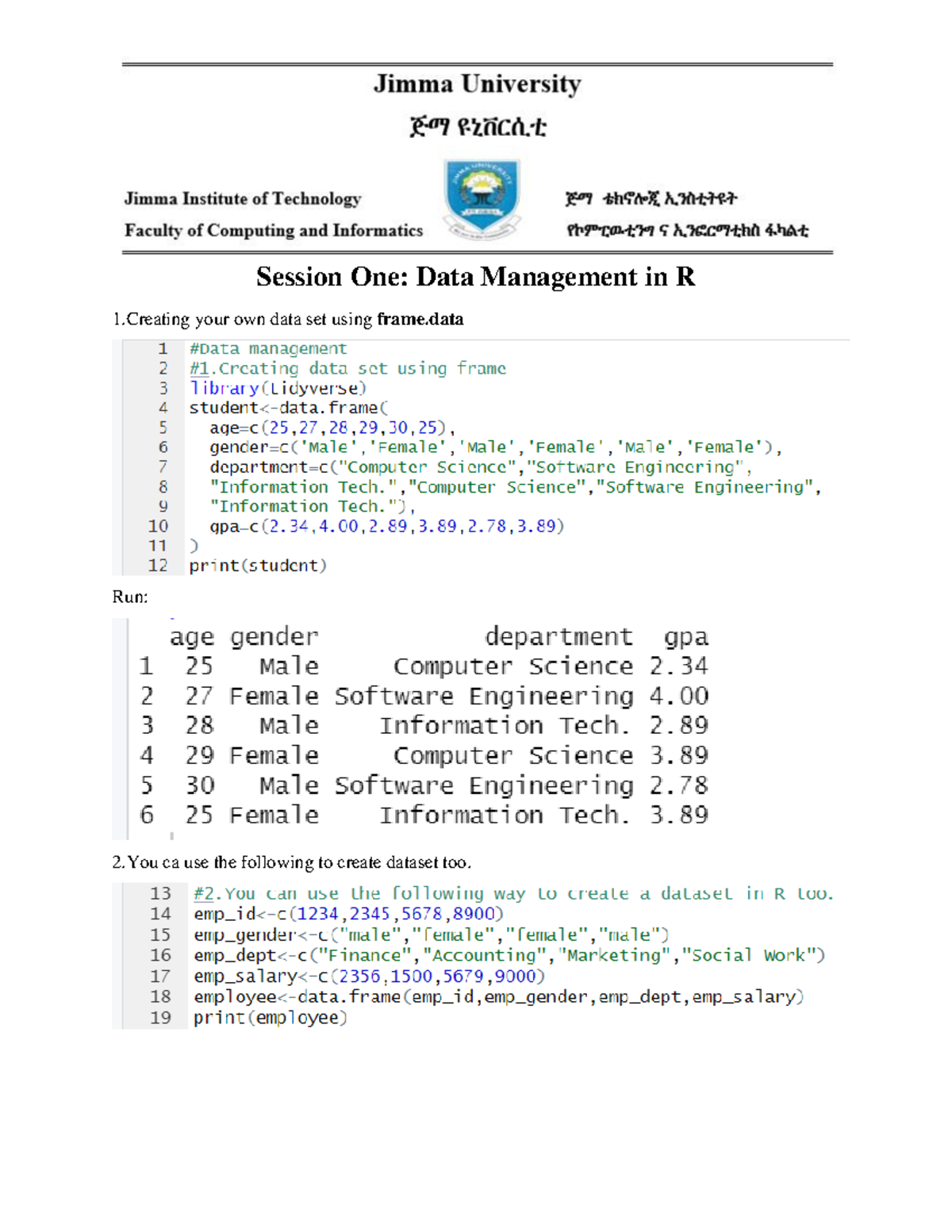 Labmanual-Session One to three - Session One: Data Management in R 1 your own data set using ...