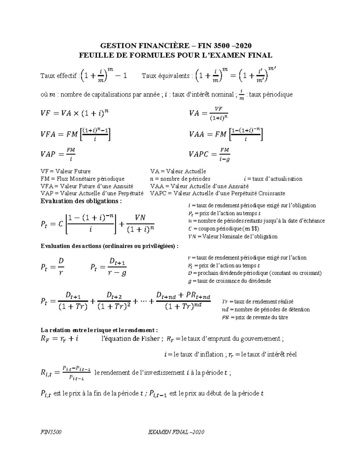 FIN3500 Feuille de Formules Final 20 nouvelle - Warning: TT: undefined function: 32 GESTION ...