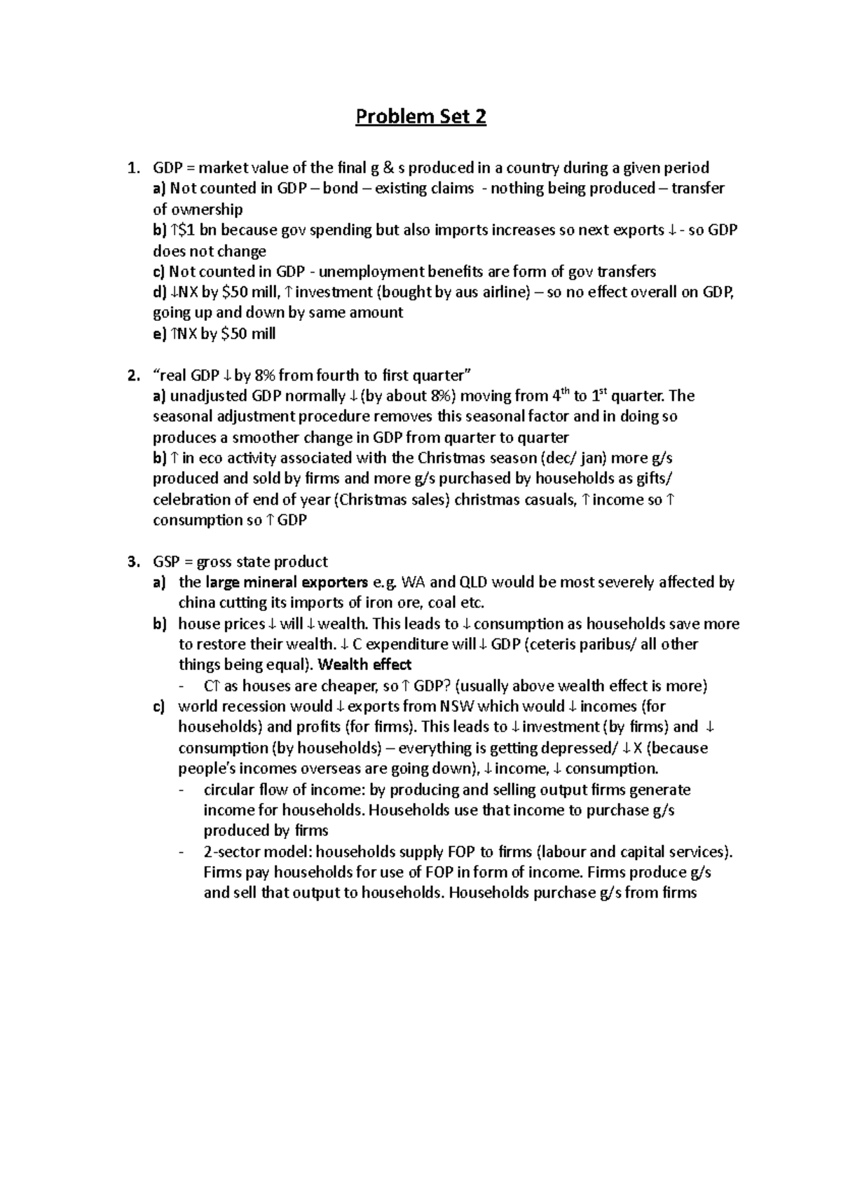Own prep for Problem Set 2 - Problem Set 2 GDP = market value of the ...
