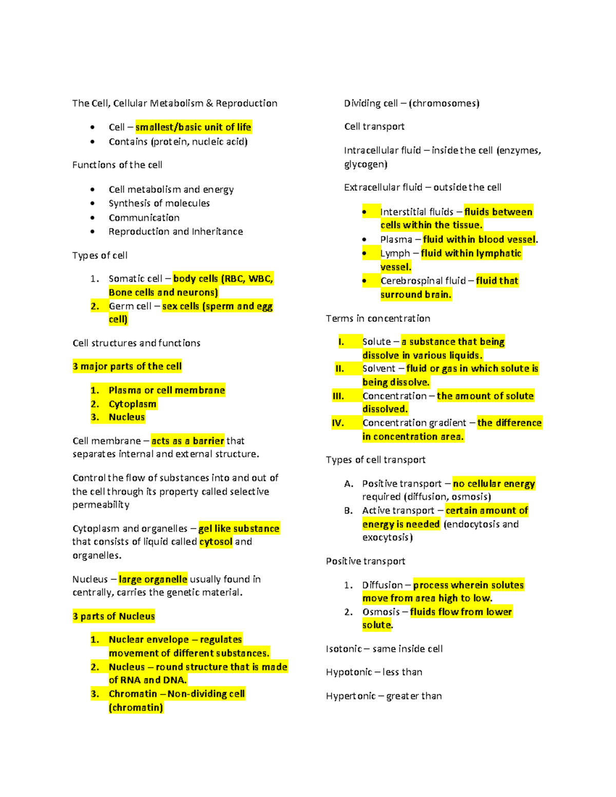 The Cell - prelims notes on cells - The Cell, Cellular Metabolism ...