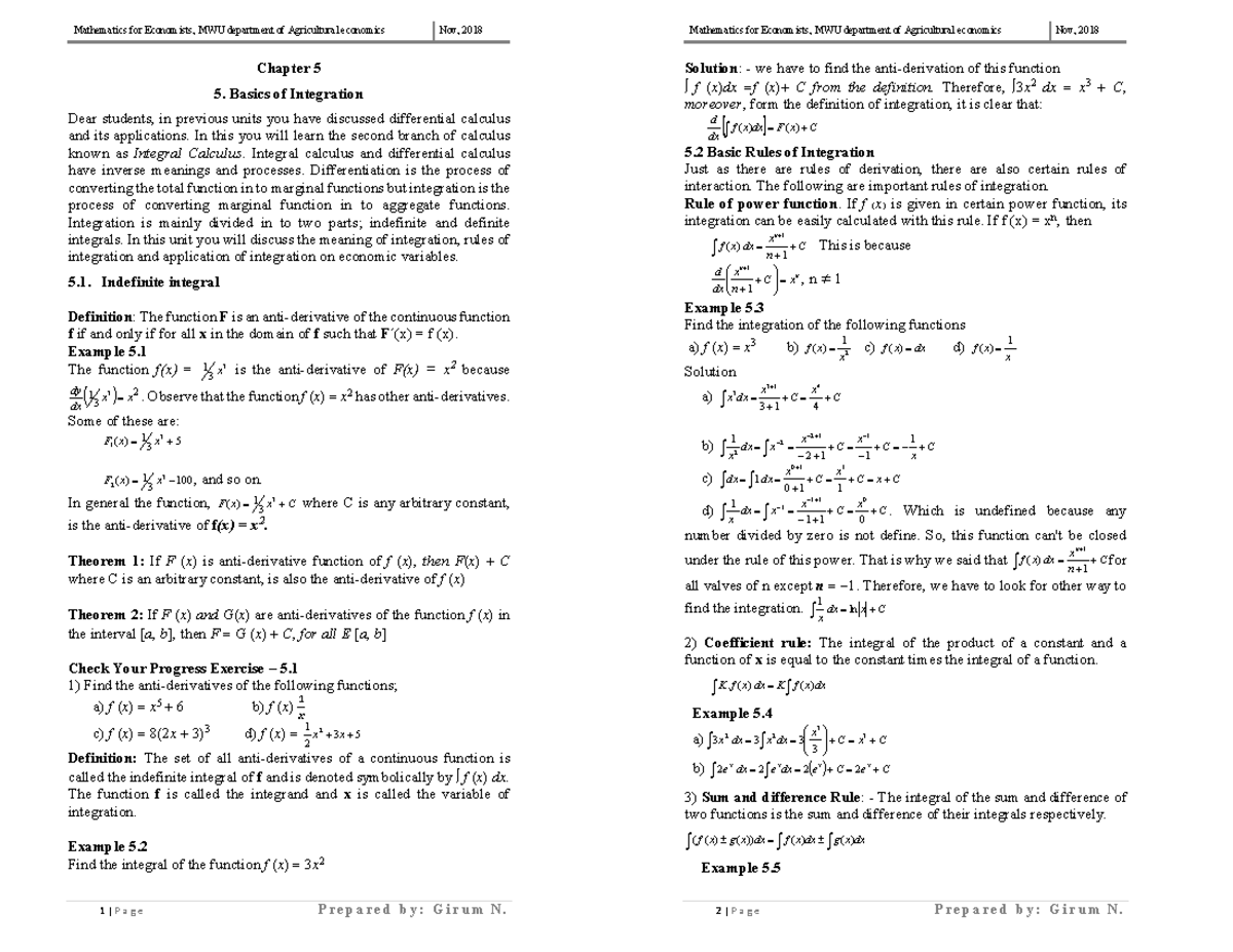 Chapter 5 Basics of Integration Mathematics for economists ...