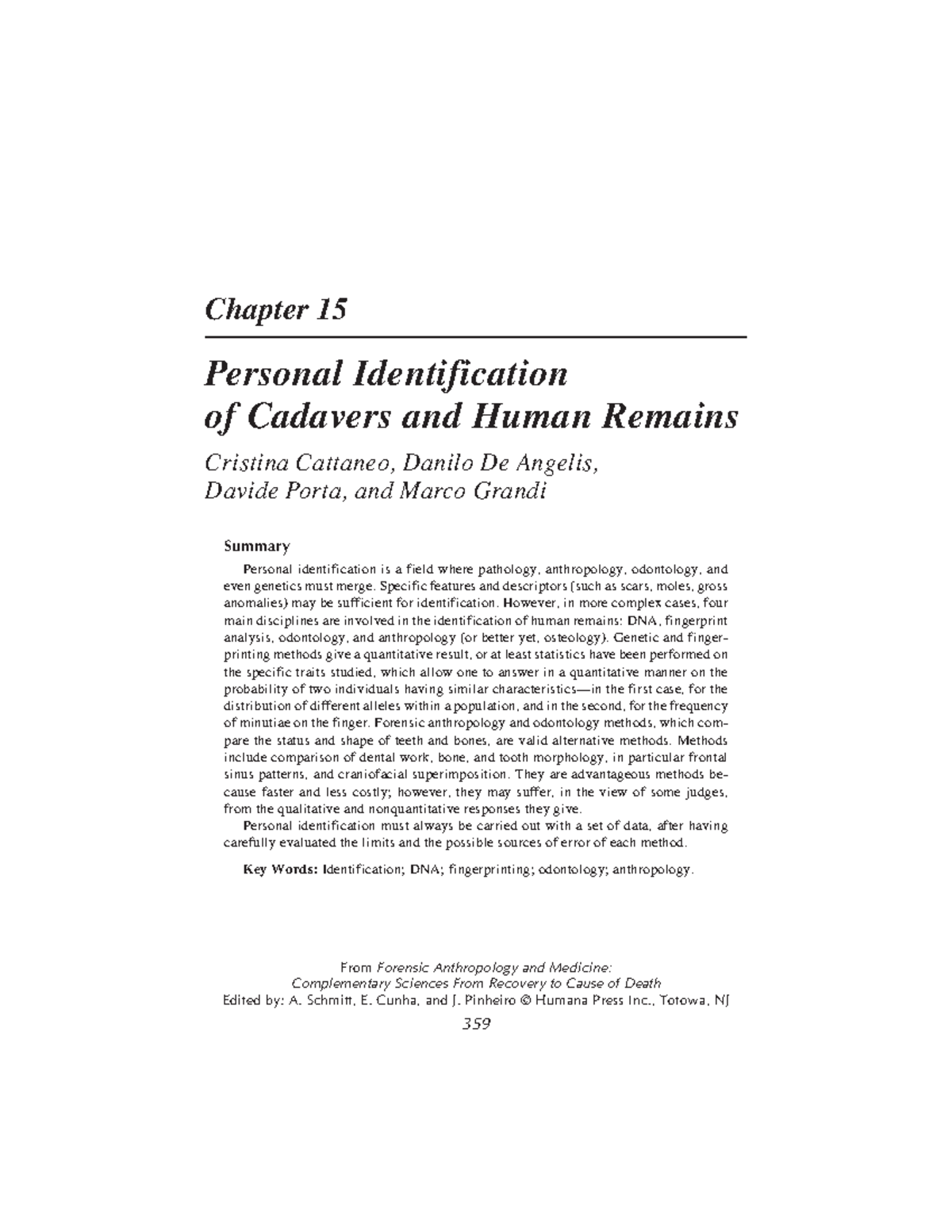 Personal Identification of Cadavers - Identification of Remains 359 ...