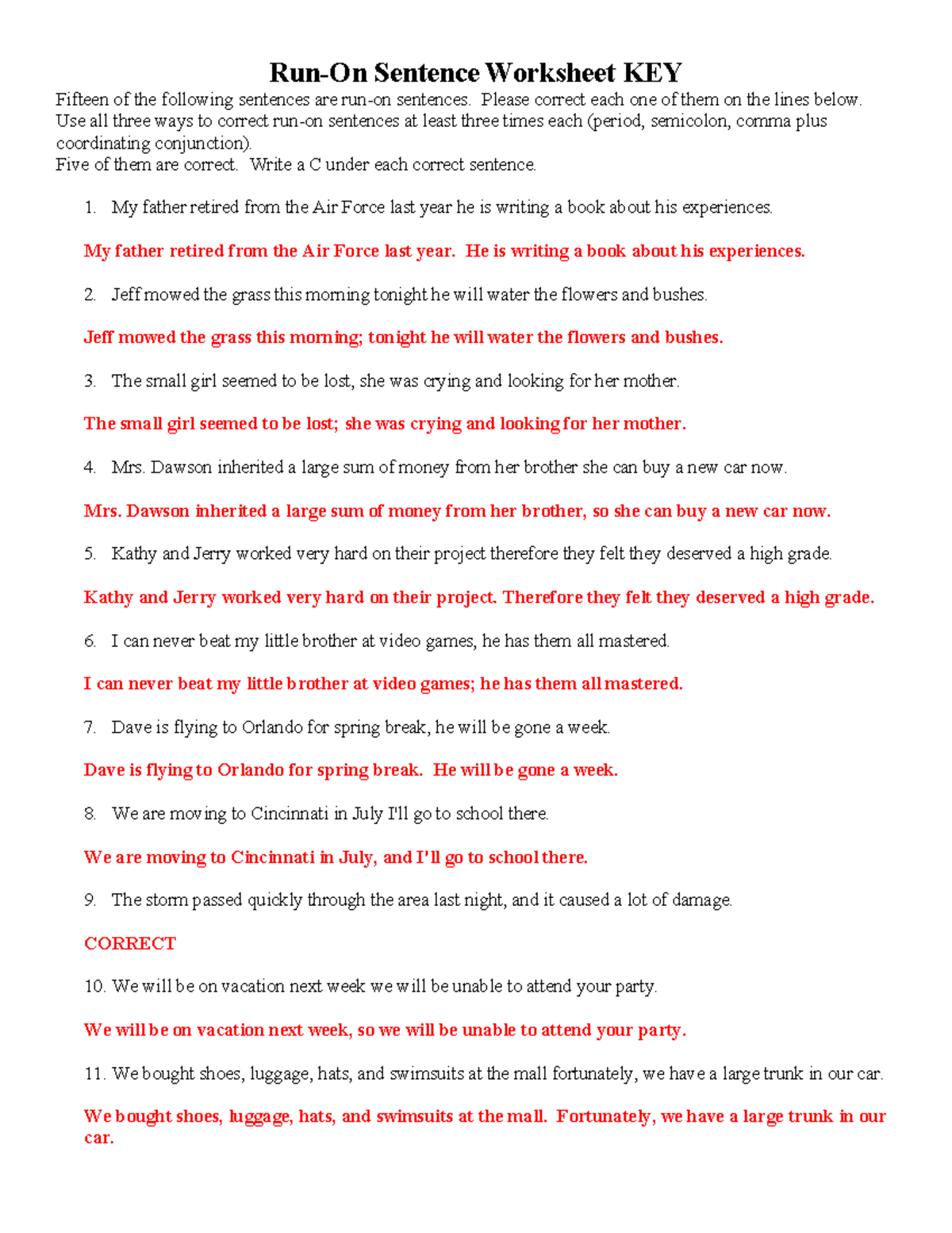 Run on sentence practice key - Run-On Sentence Worksheet KEY Fifteen of ...