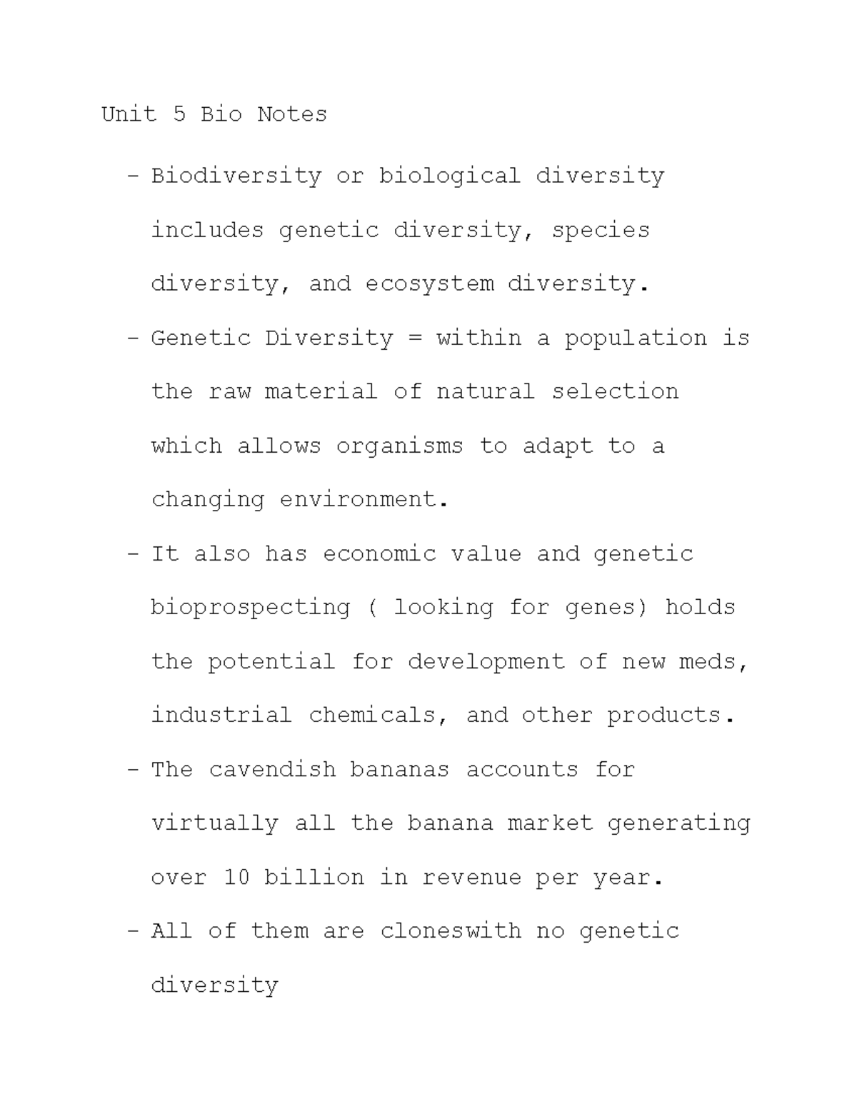 Unit 5 Bio Notes - Unit 5 Bio Notes Biodiversity or biological ...