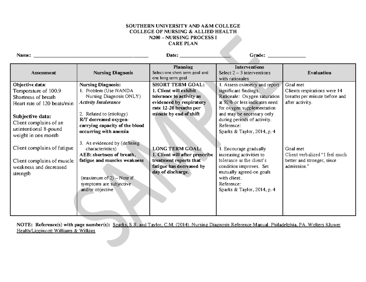 Sample Care Plan Form - Copy - SOUTHERN UNIVERSITY AND A&M COLLEGE ...