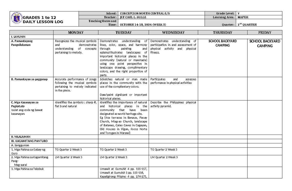 DLL Mapeh 5 Q2 W3 - dll - GRADES 1 to 12 DAILY LESSON LOG School: CONCEPCION NORTH CENTRAL E/S ...