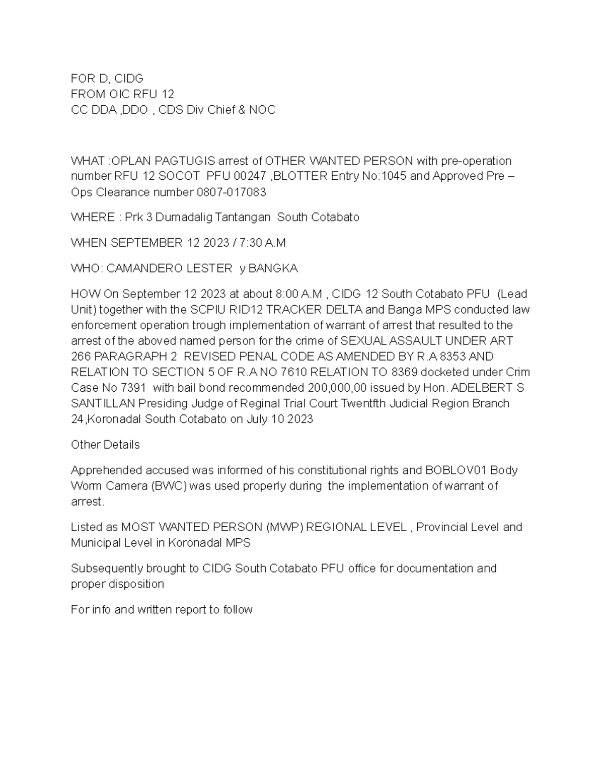 How to make a simple Spot report - FOR D, CIDG FROM OIC RFU 12 CC DDA ...