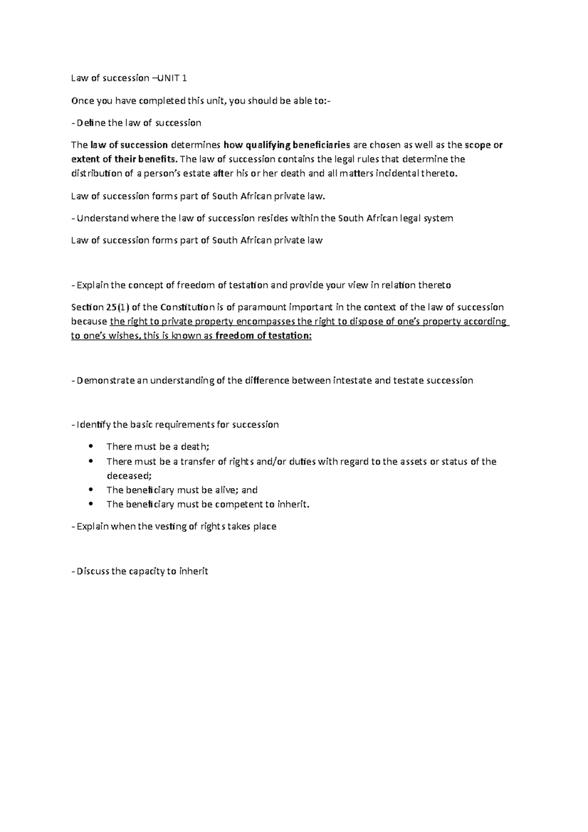Law of succession unit 1 outcomes - Law of succession –UNIT 1 Once you ...