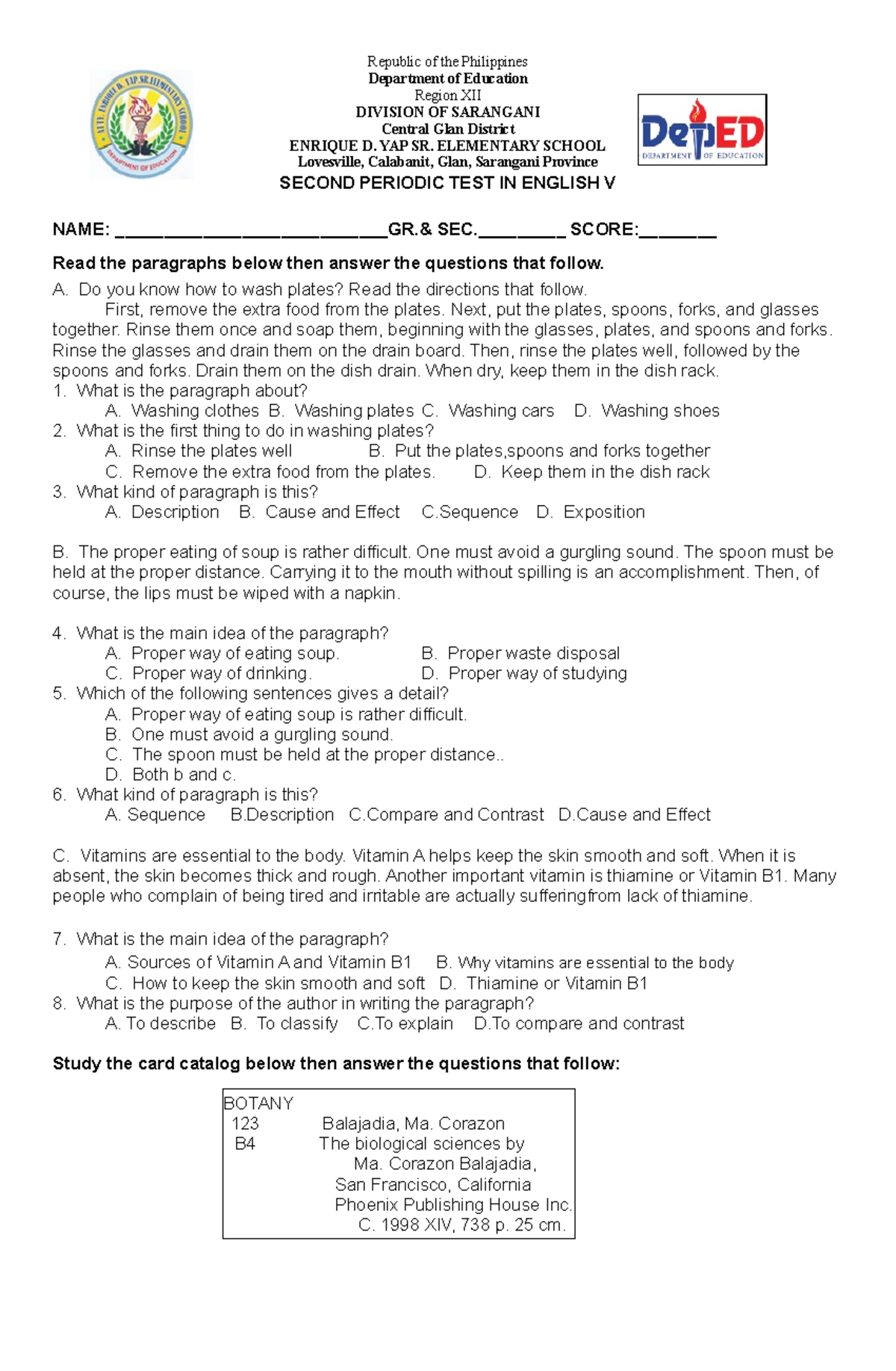 PT English 5 Q2 - Sample Quarter Examination - ####### Republic of the ...