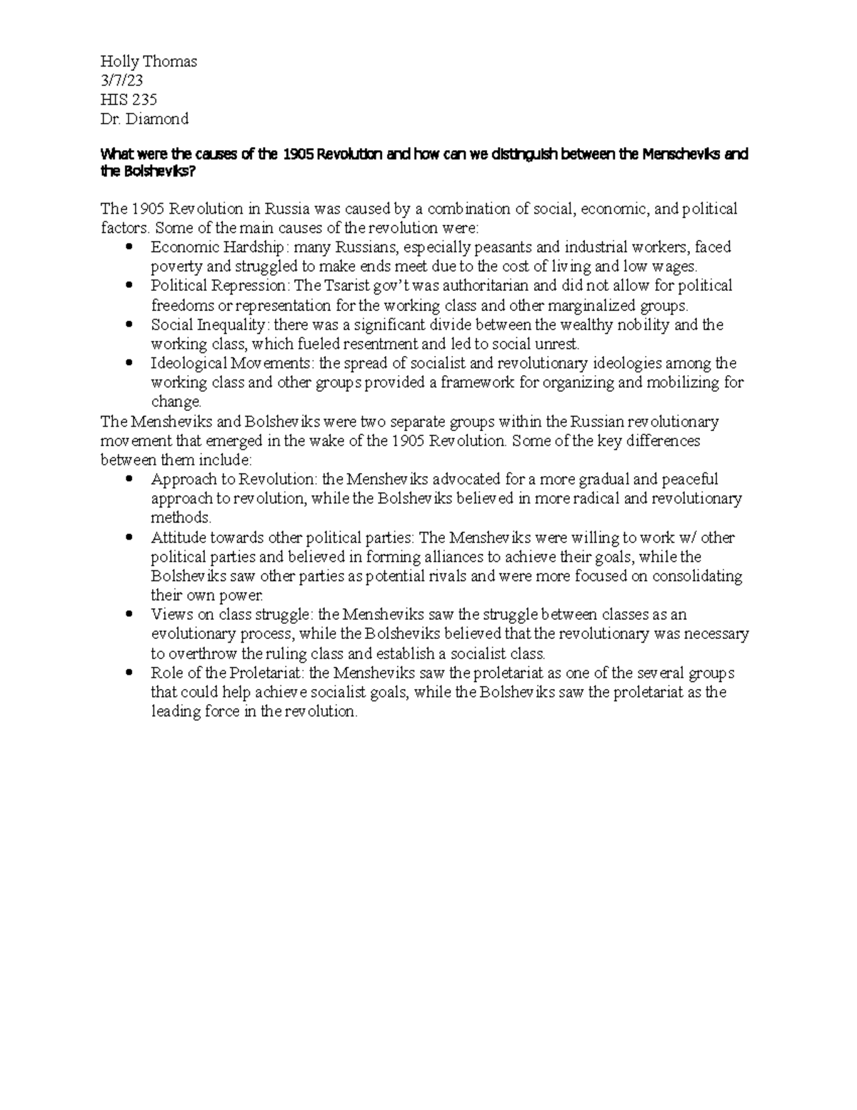 HIS 235 - causes of the 1905 Revolution and the differences of the ...