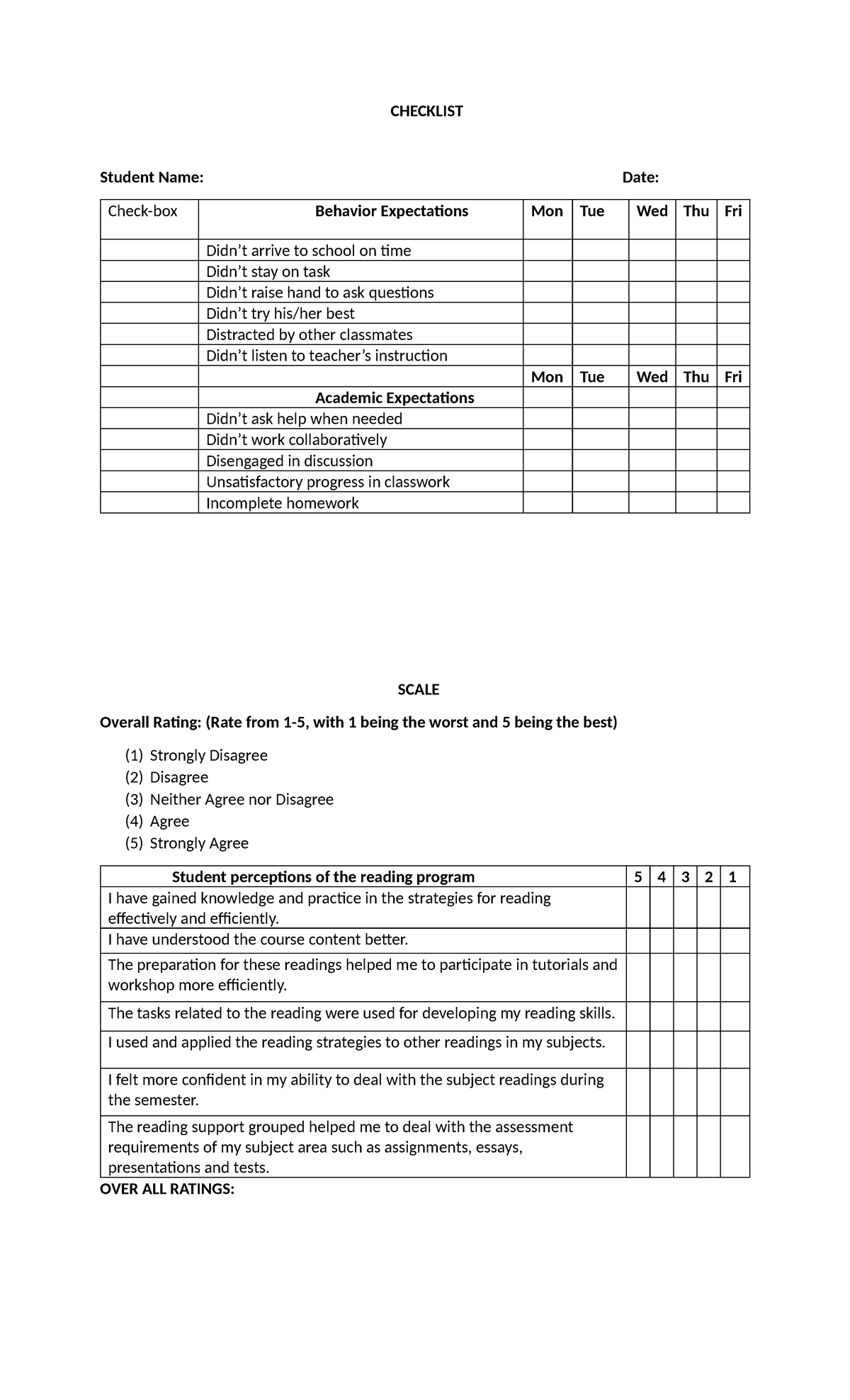 Checklist - materials - CHECKLIST Student Name: Date: Check-box ...