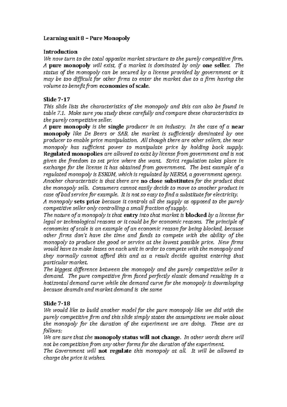 EKN11EB Notes Learning unit 8 - Learning unit 8 – Pure Monopoly ...