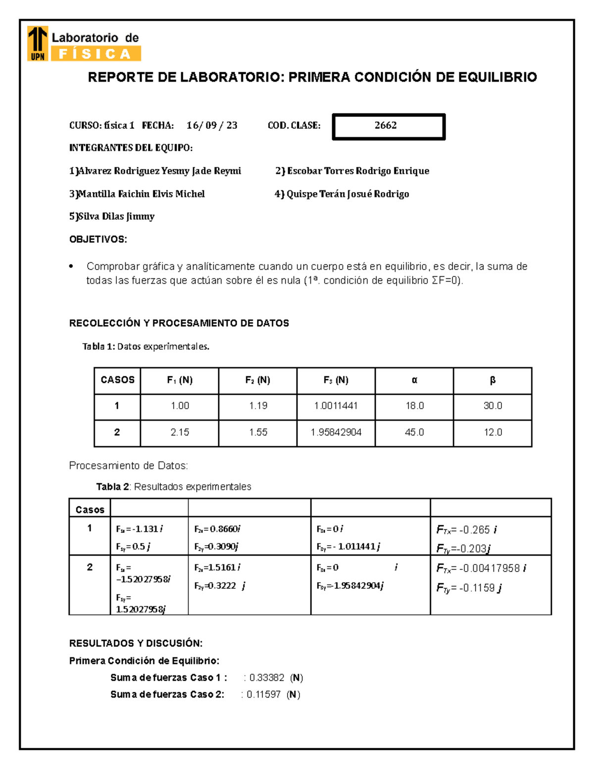 Reporte LAB FISI1 S05 PCE - REPORTE DE LABORATORIO: PRIMERA CONDICIÓN DE EQUILIBRIO CURSO ...
