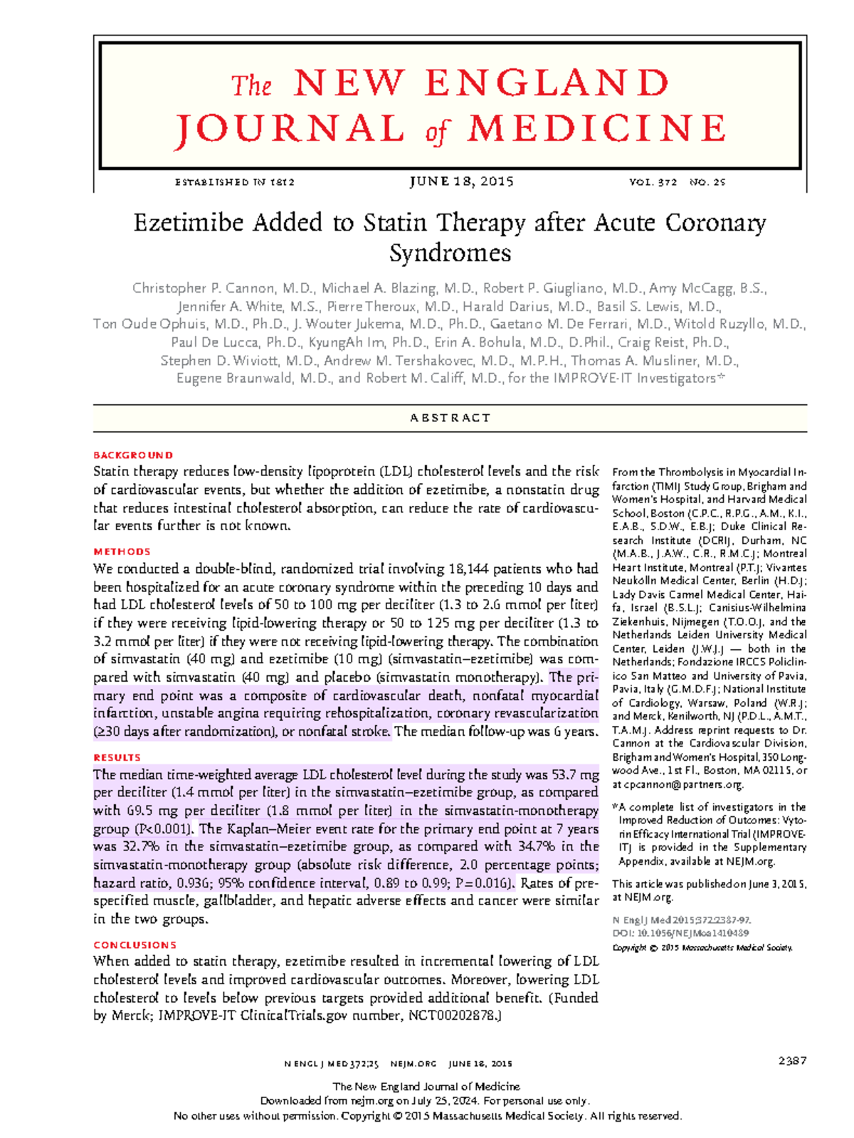 7. Cannon 2015 - The new england journal of medicine n engl j med 372 ...