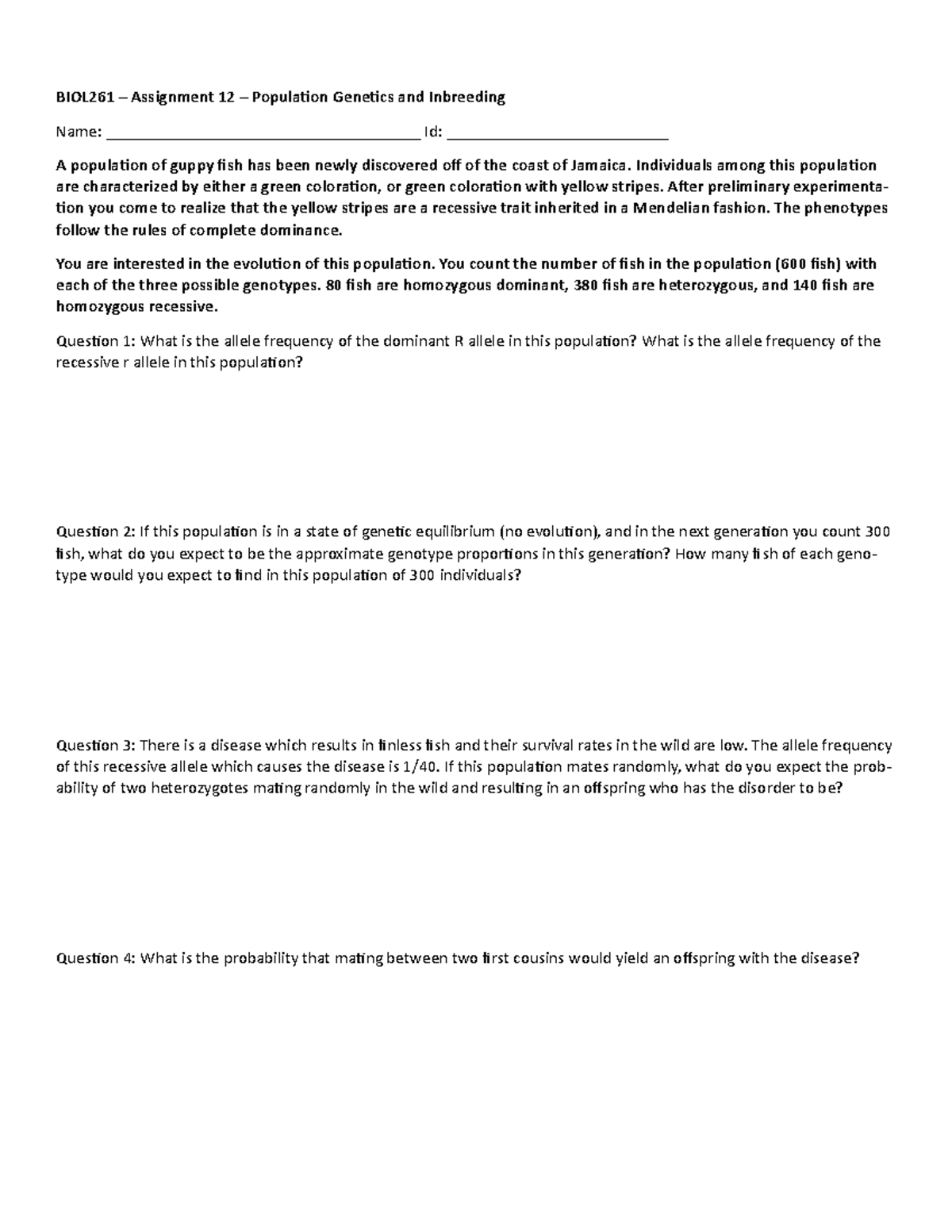 261 - Assignment 12 - Population Genetics and Inbreeding - BIOL261 ...