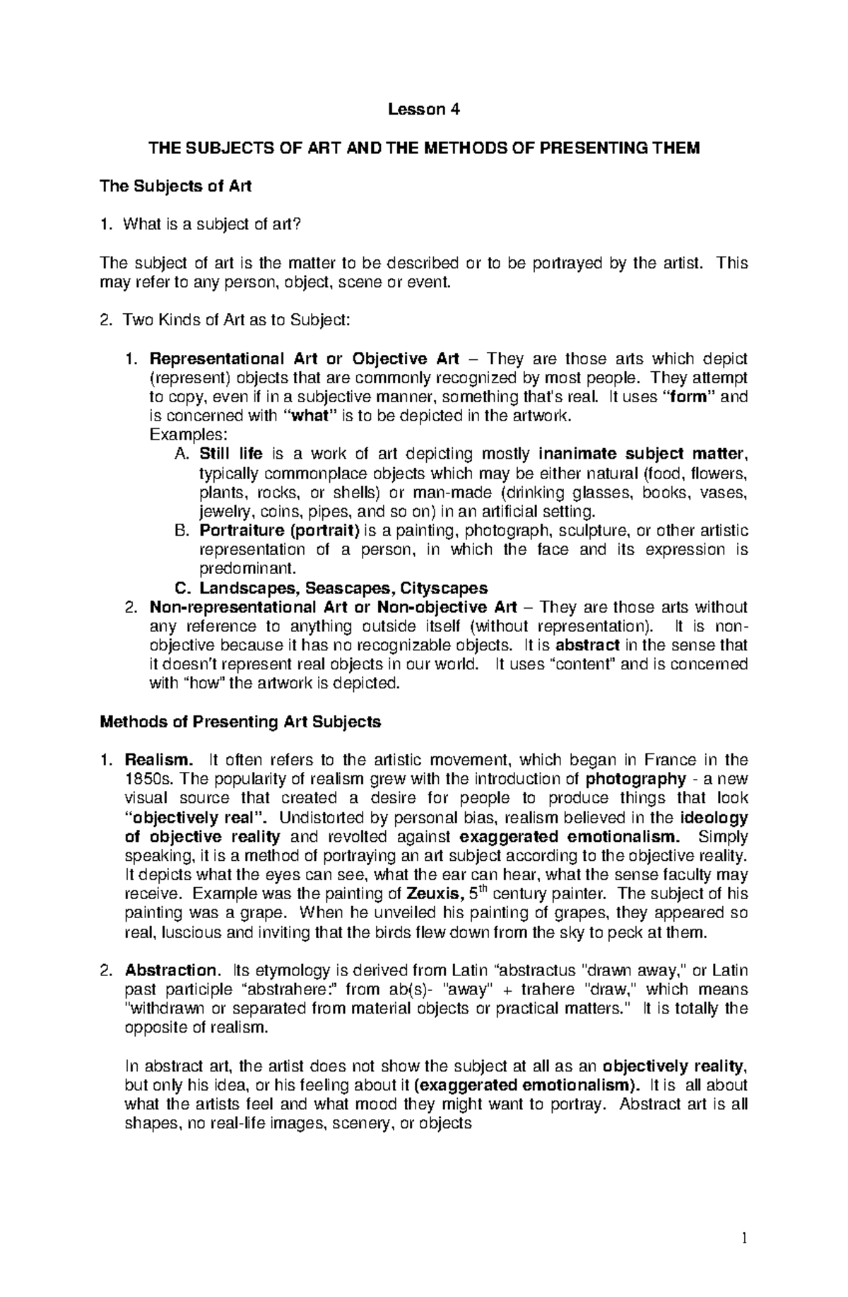 Art Appreciation - Lecture No. 5 - Lesson 4 THE SUBJECTS OF ART AND THE ...