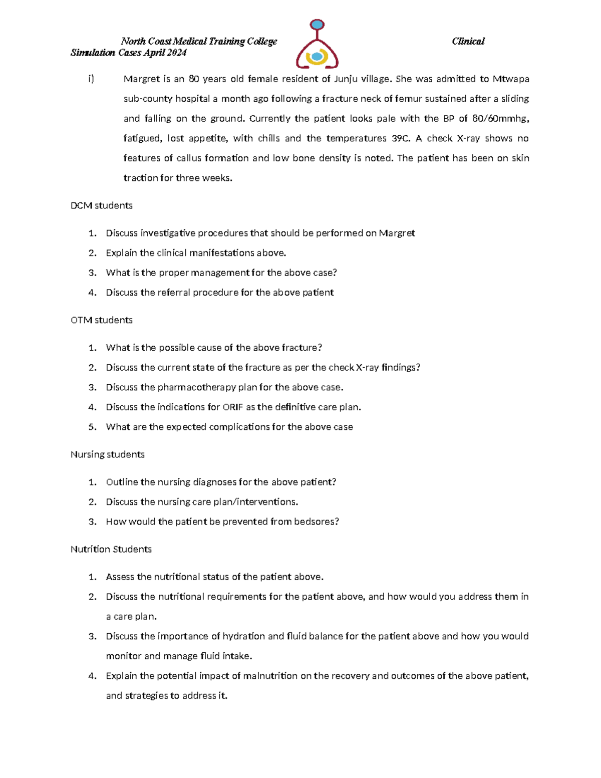 simulation case study - Simulation Cases April 2024 i) Margret is an 80 ...