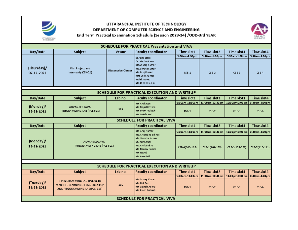 3rd Year End Term Practical Schedule Academic Year 2023-24 (Odd Semester) - Day/Date Subject ...
