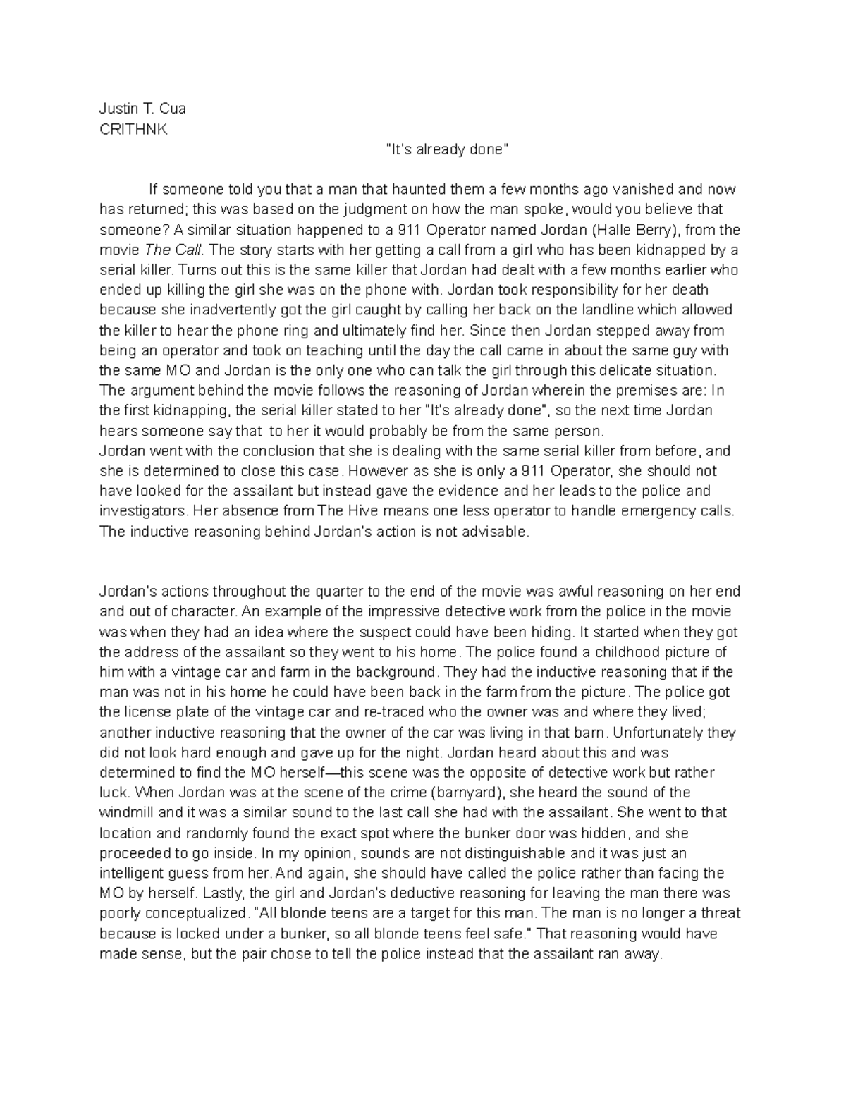 CUA Movie Argument - CRITHINK Essay - Justin T. Cua CRITHNK