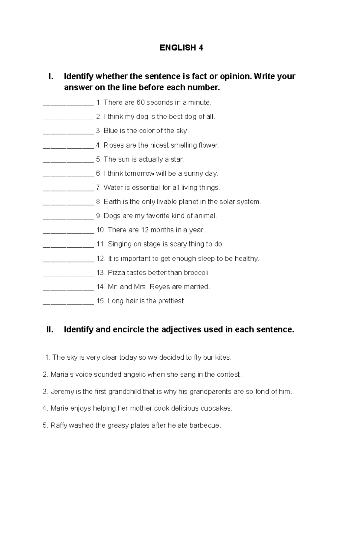 Grade 4 feb - To get information - ENGLISH 4 I. Identify whether the ...