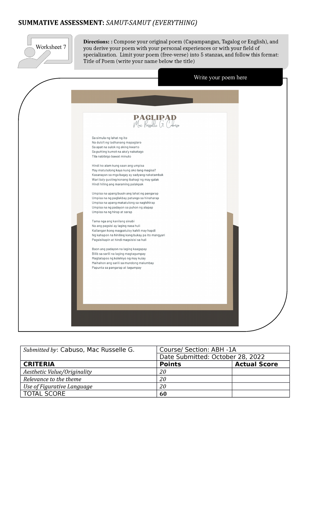 WS7-Poetry Writing - ANSWERS - SUMMATIVE ASSESSMENT: (EVERYTHING ...