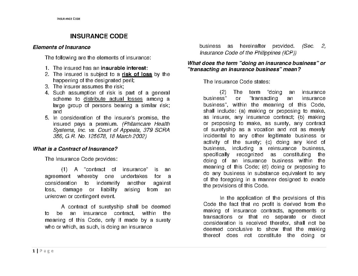 Reading material-Insurance Code 2022 - INSURANCE CODE 1 | P a g e ...