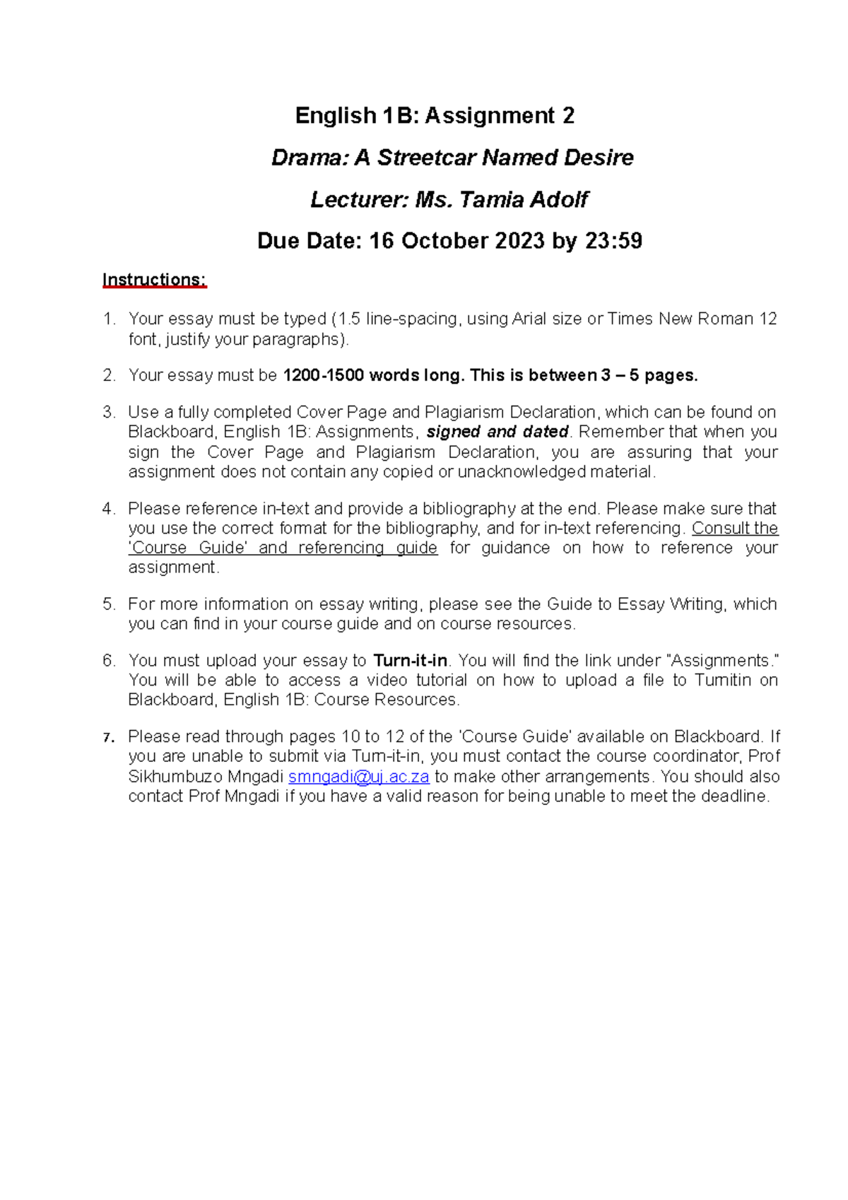 Assignment 2 A streetcar named desire - English 1B: Assignment 2 Drama ...