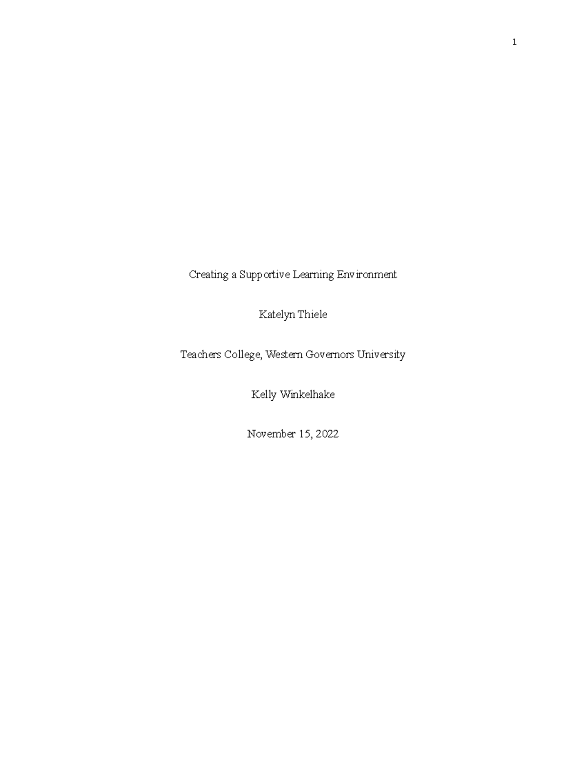 D186 Task 1 - Task 1 - Creating a Supportive Learning Environment ...