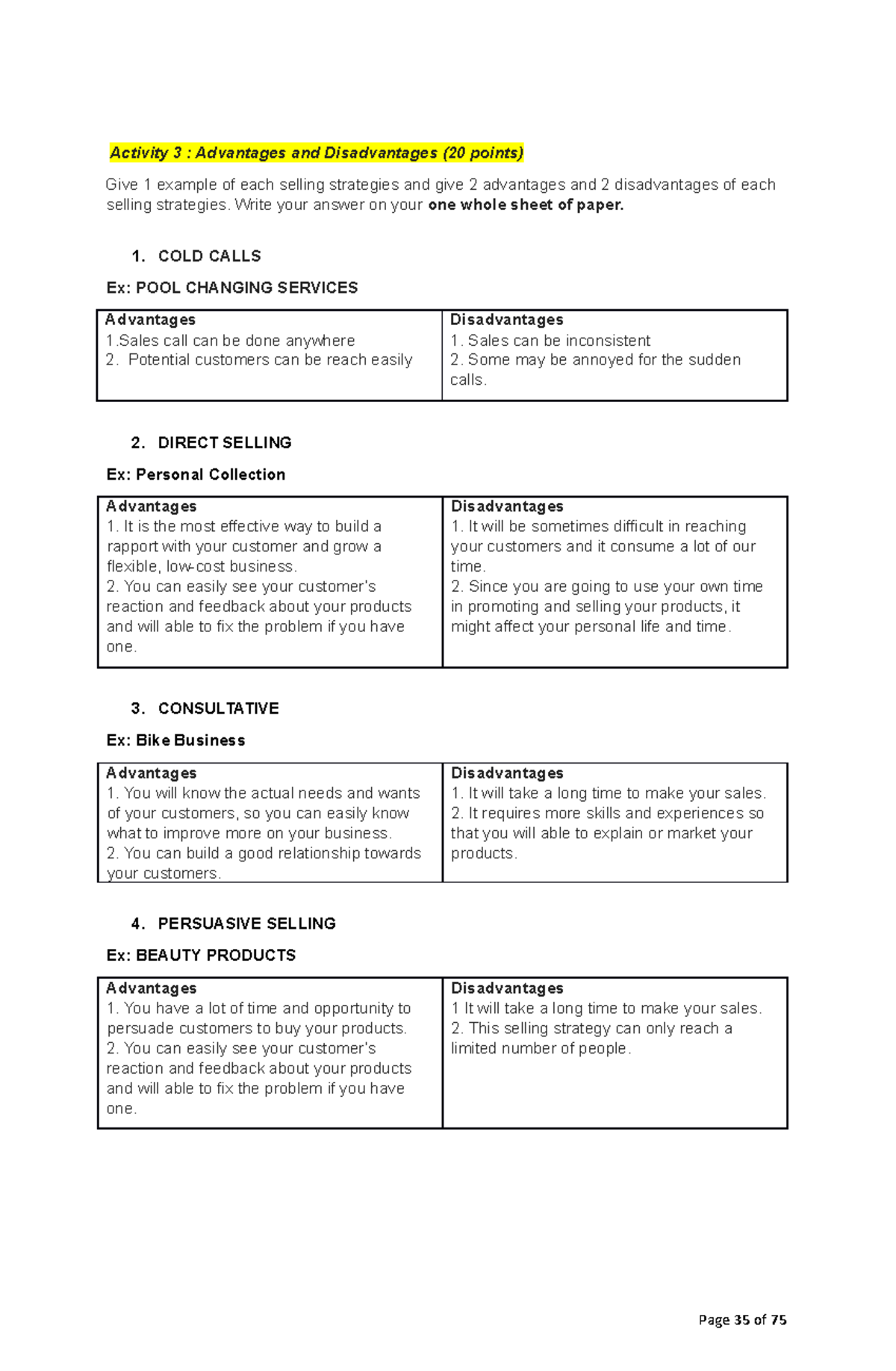 Entrep - Selling Strategies - Activity 3 : Advantages and Disadvantages ...
