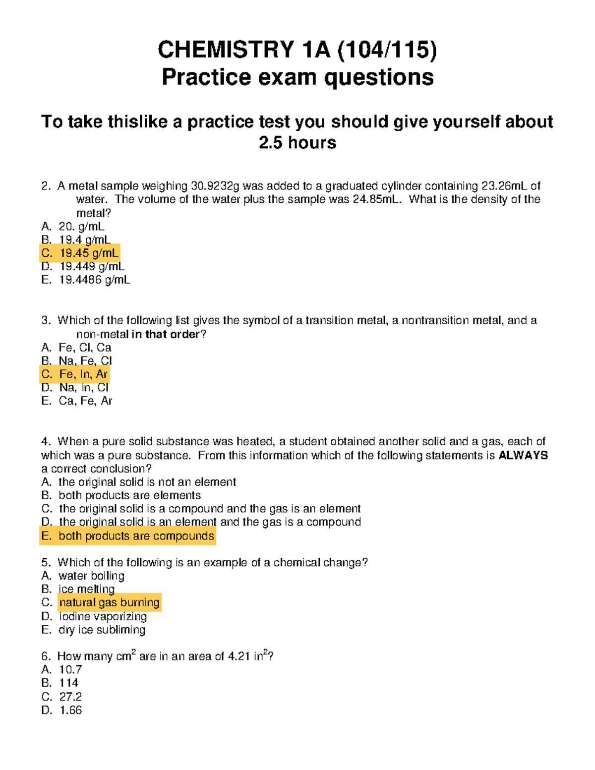 Test 2010, questions and answers - CHEMISTRY 1A Practice exam questions ...