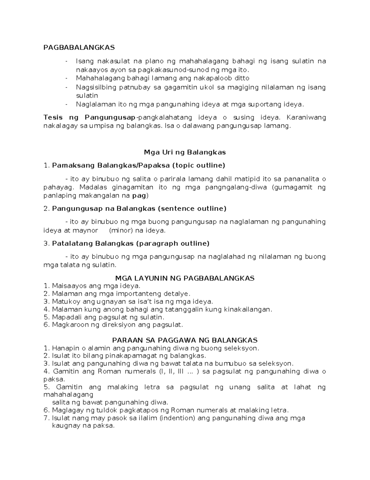 Pagbabalangkas - PAGBABALANGKAS Isang nakasulat na plano ng ...