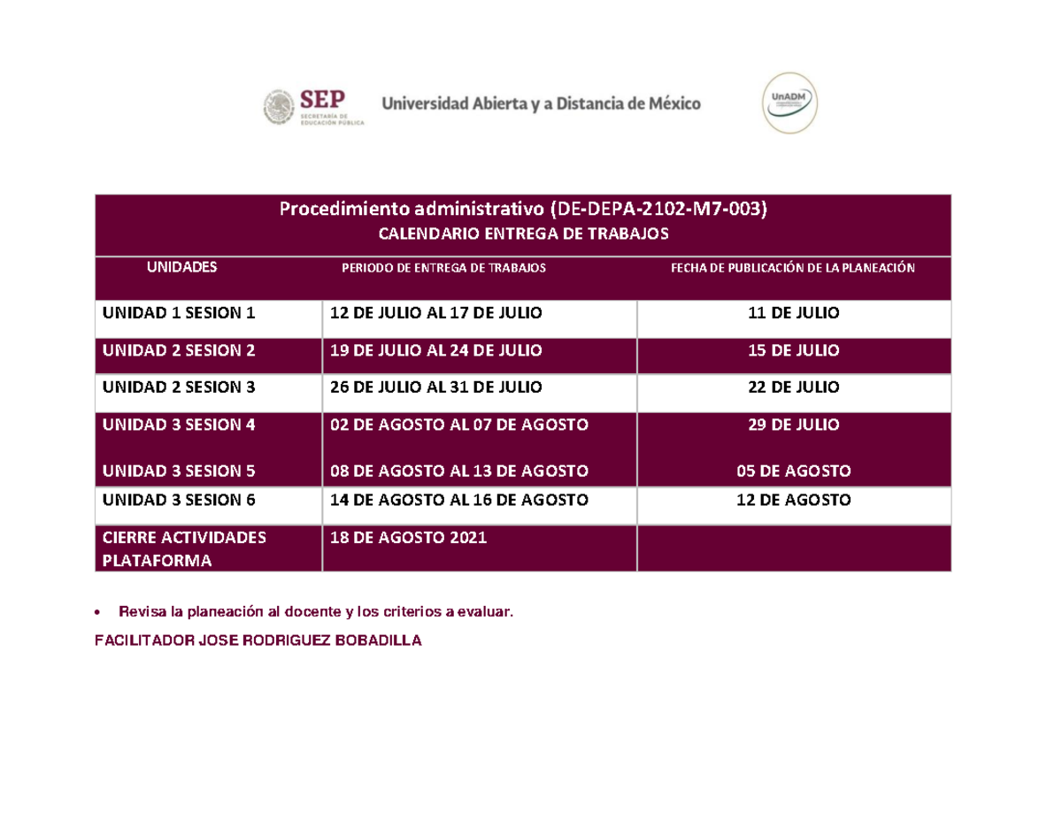 Calendario - Apuntes 13 - Procedimiento administrativo (DE-DEPA-2102-M7 ...