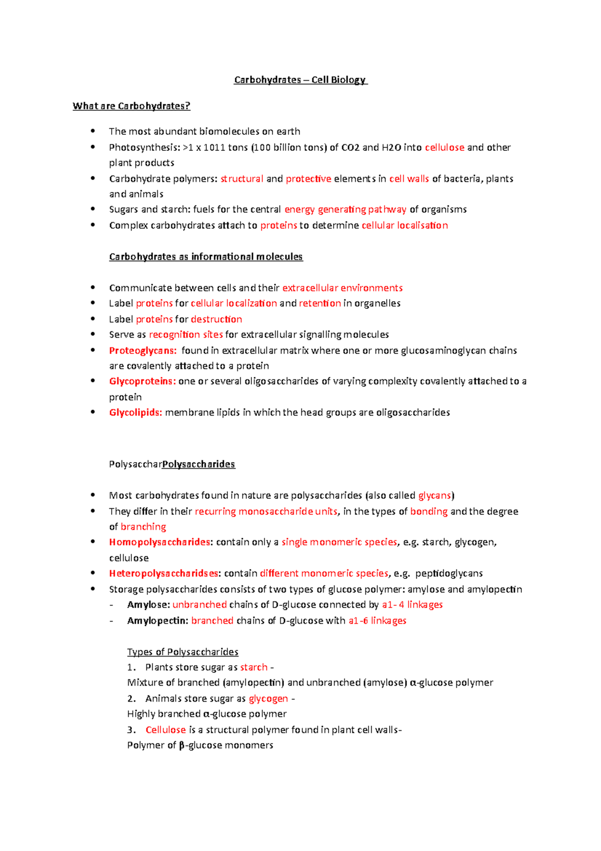 Carbohydrates - Summary notes - Carbohydrates – Cell Biology What are ...