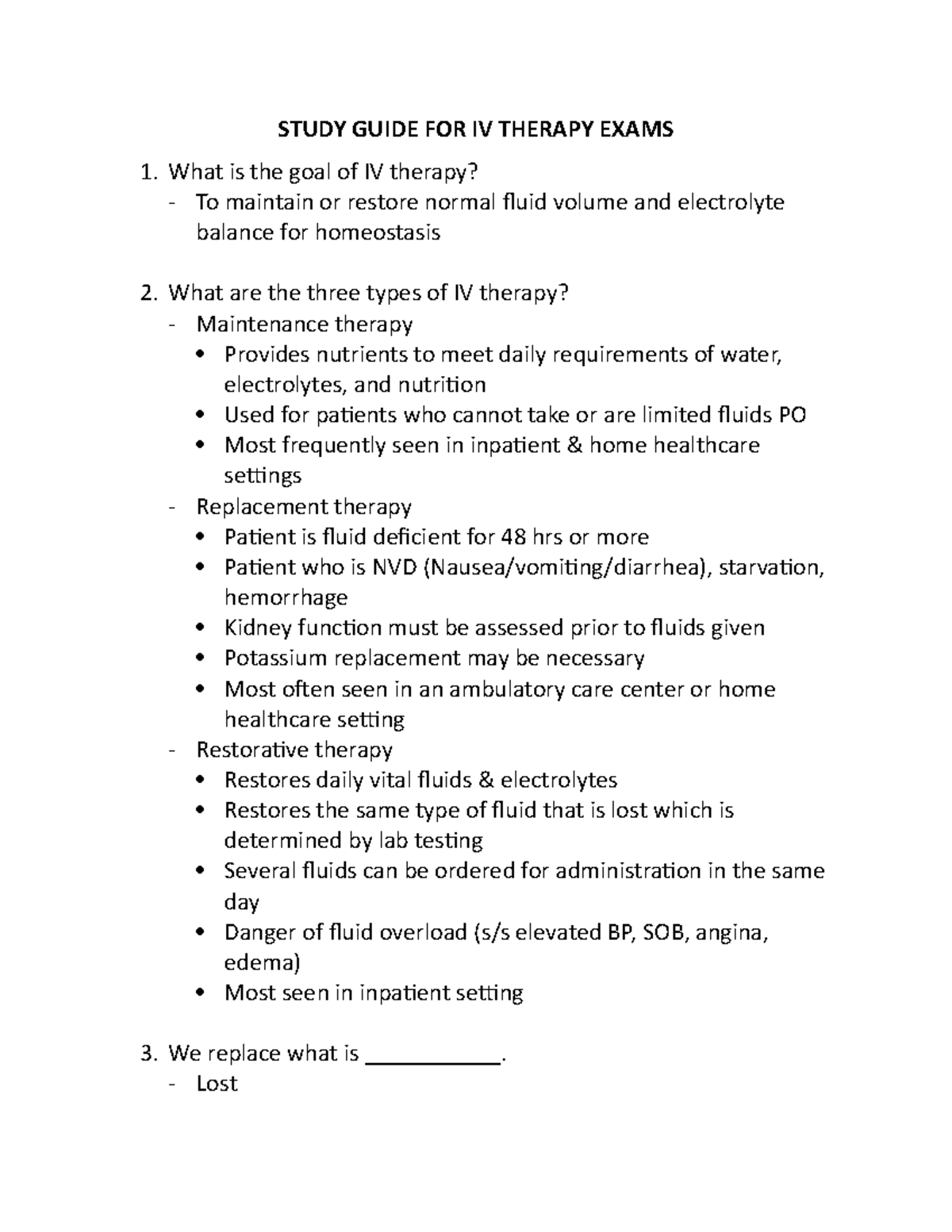 Study Guide - Lecture notes 1 - STUDY GUIDE FOR IV THERAPY EXAMS What ...
