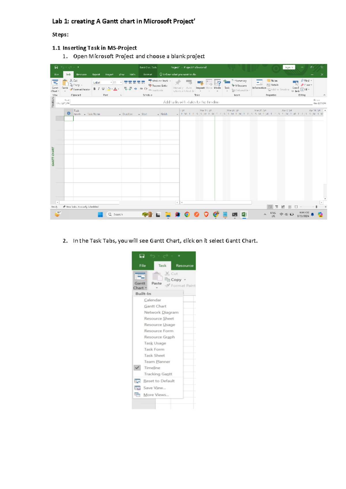 SPM - Lab 1: creating A Gantt chart in Microsoft Project’ Steps: 1 ...
