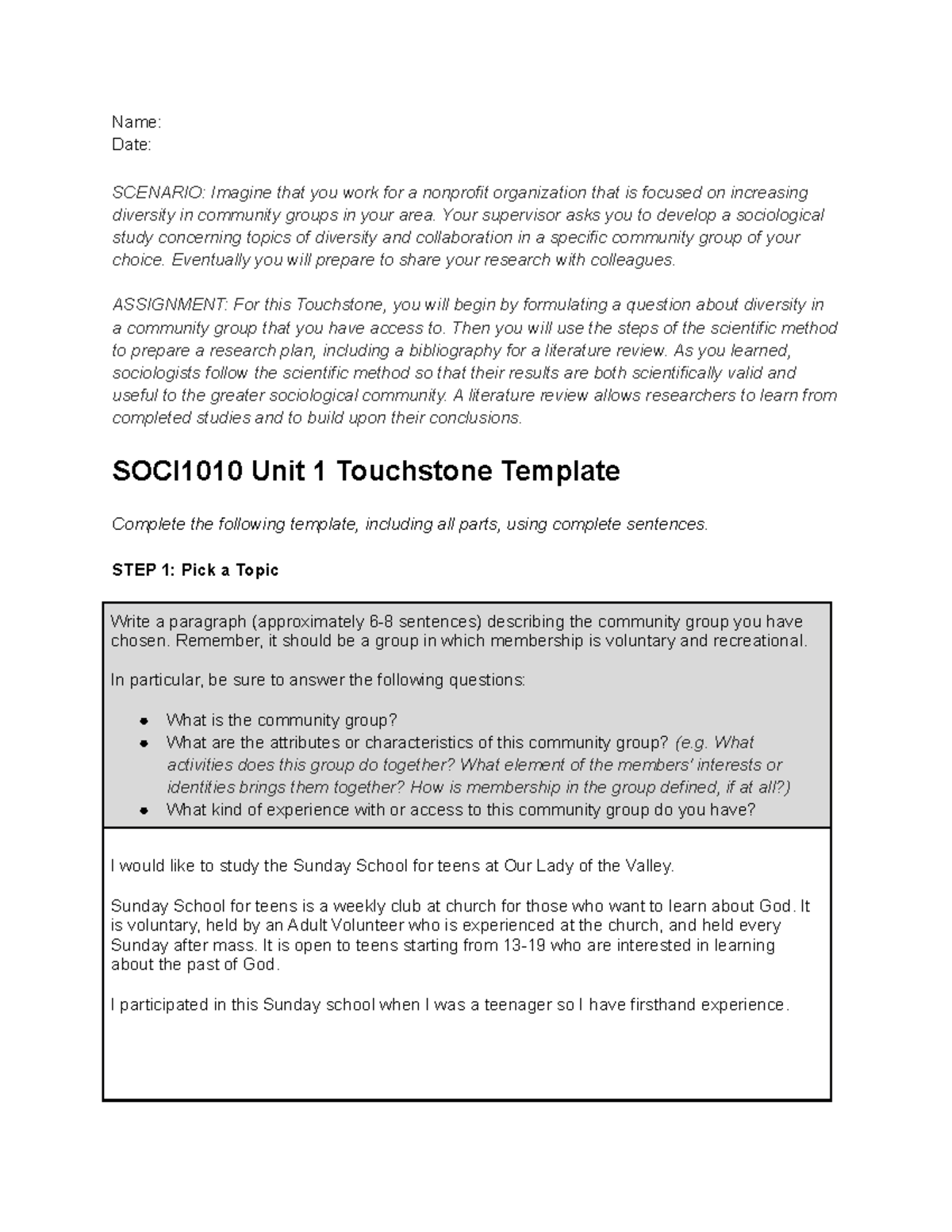 SOCI1010 Touchstone 1 Sample - Name: Date: SCENARIO: Imagine that you ...