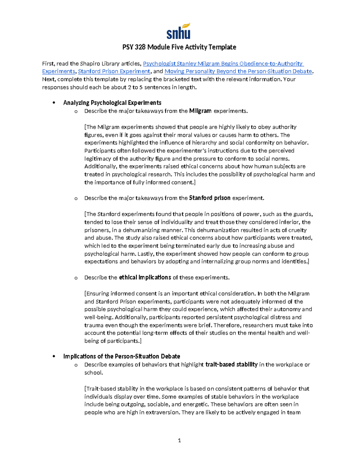 PSY 328 Module Five Activity - Next, complete this template by replacing the bracketed text with ...
