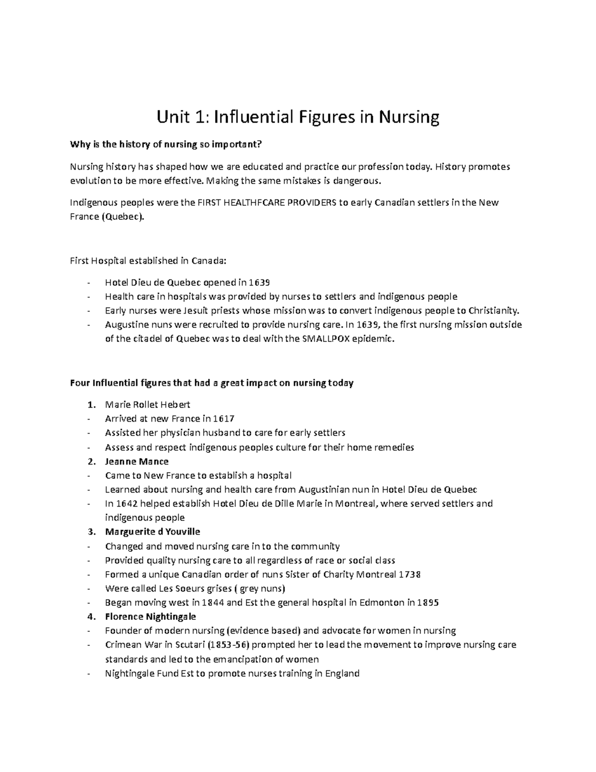 Study Notes Summary - Unit 1: Influential Figures in Nursing Why is the ...