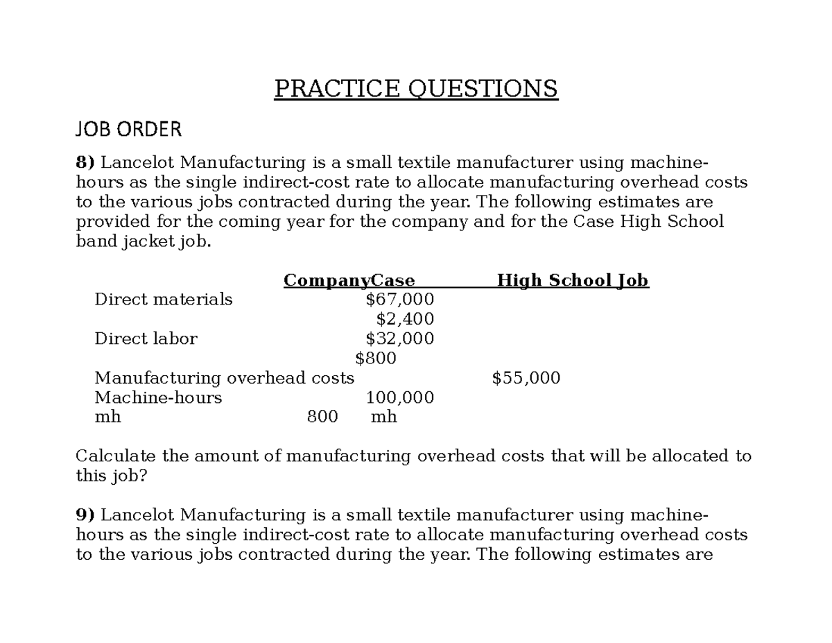 00 DAC 211 Practice Qs (JOB Order, Process, CVP) - Supply chain management - Studocu