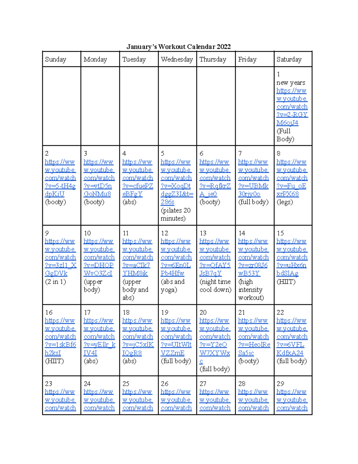January’s Workout Calendar 2022 - com/watch ?v=2-RGY M6ojJ (Full Body ...