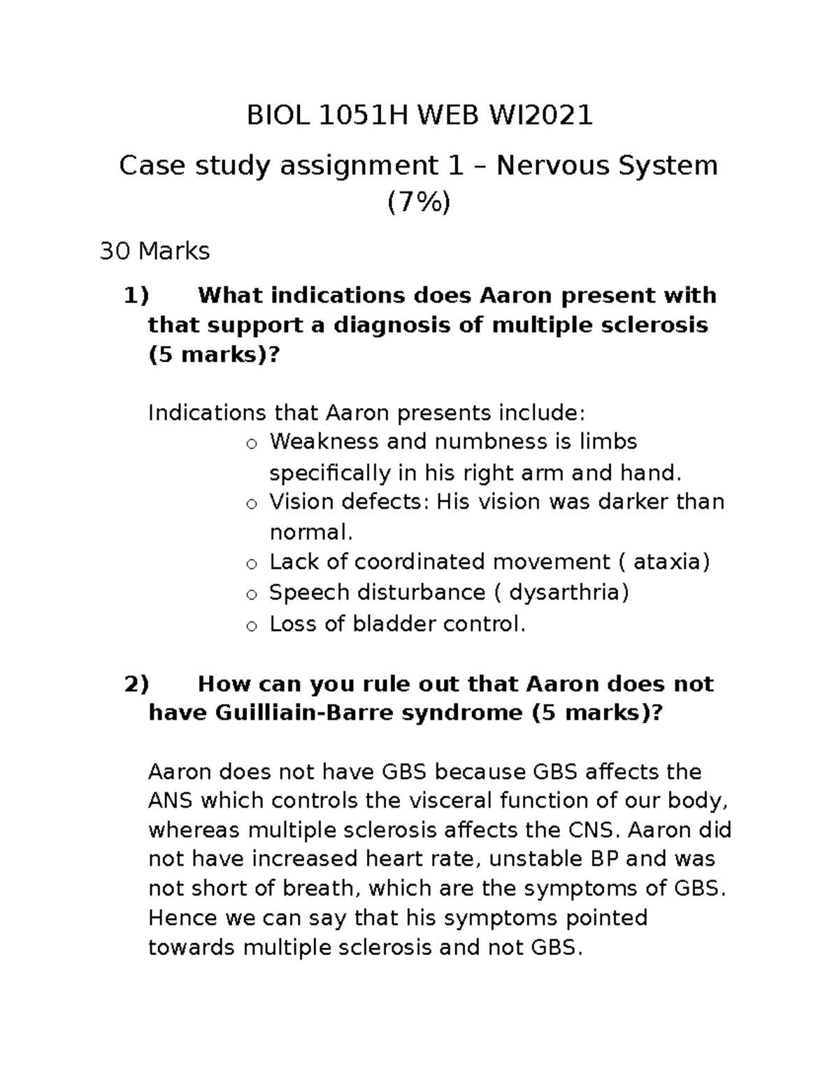 Case study assignment 1 - BIOL 1051H WEB WI Case study assignment 1 ...