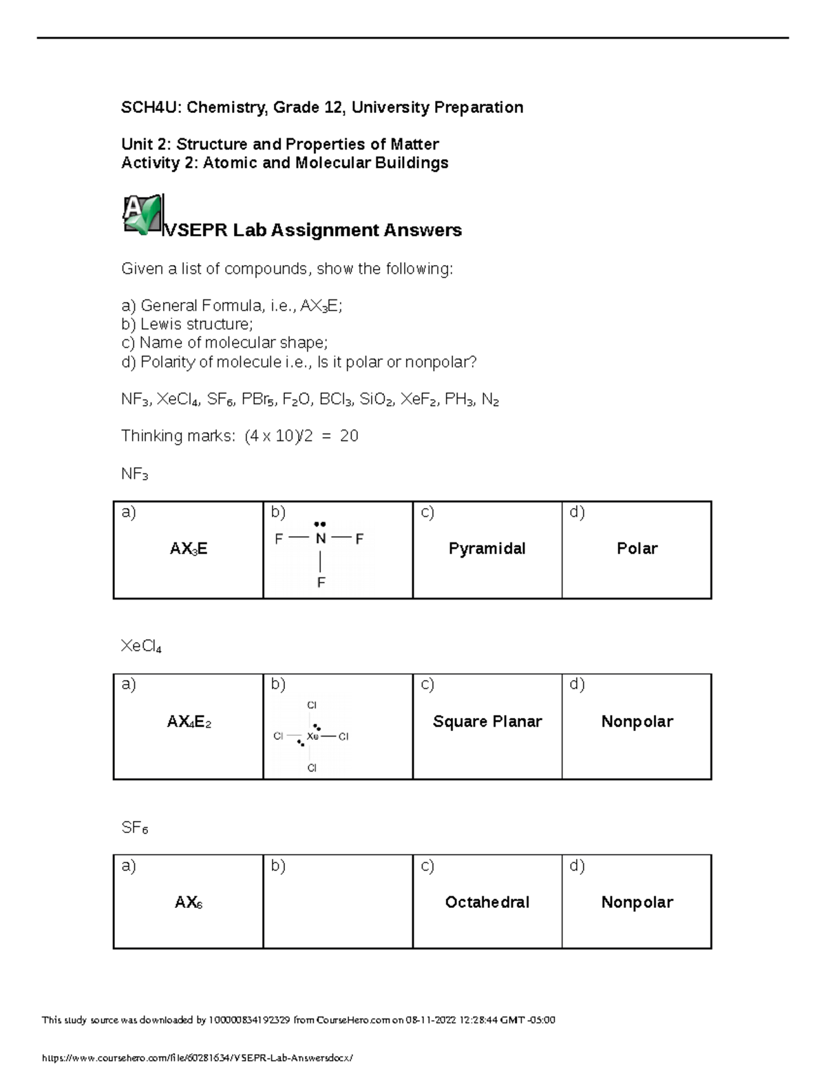 Vsepr Lab Answers - SCH4U: Chemistry, Grade 12, University Preparation ...