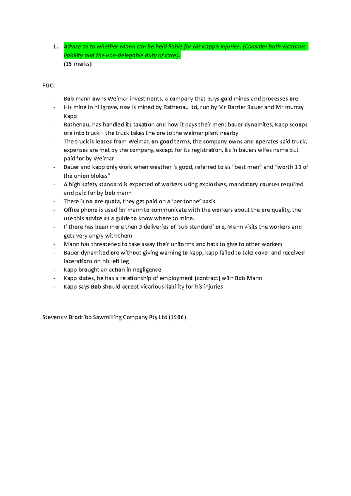 Assessment 2 copy - Advise as to whether Mann can be held liable for Mr ...