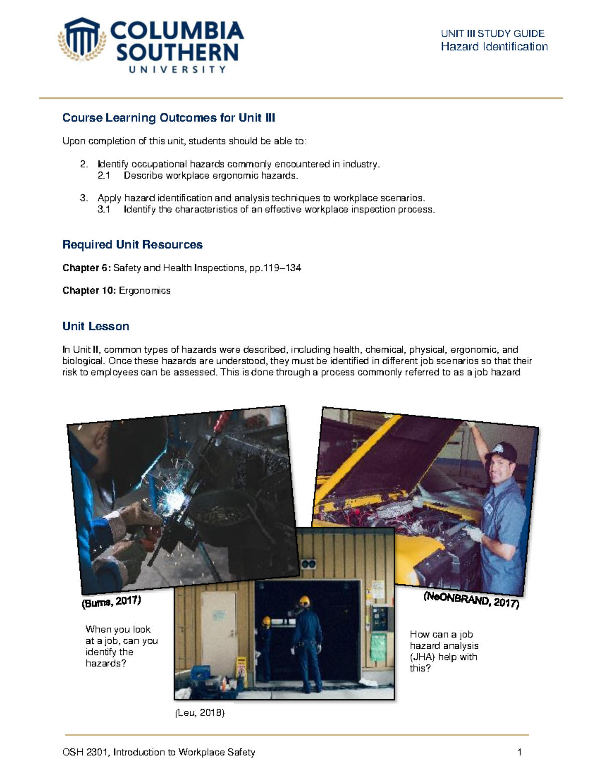 Unit3SG - unit study guide - Supervisors' Safety Manual - Course ...